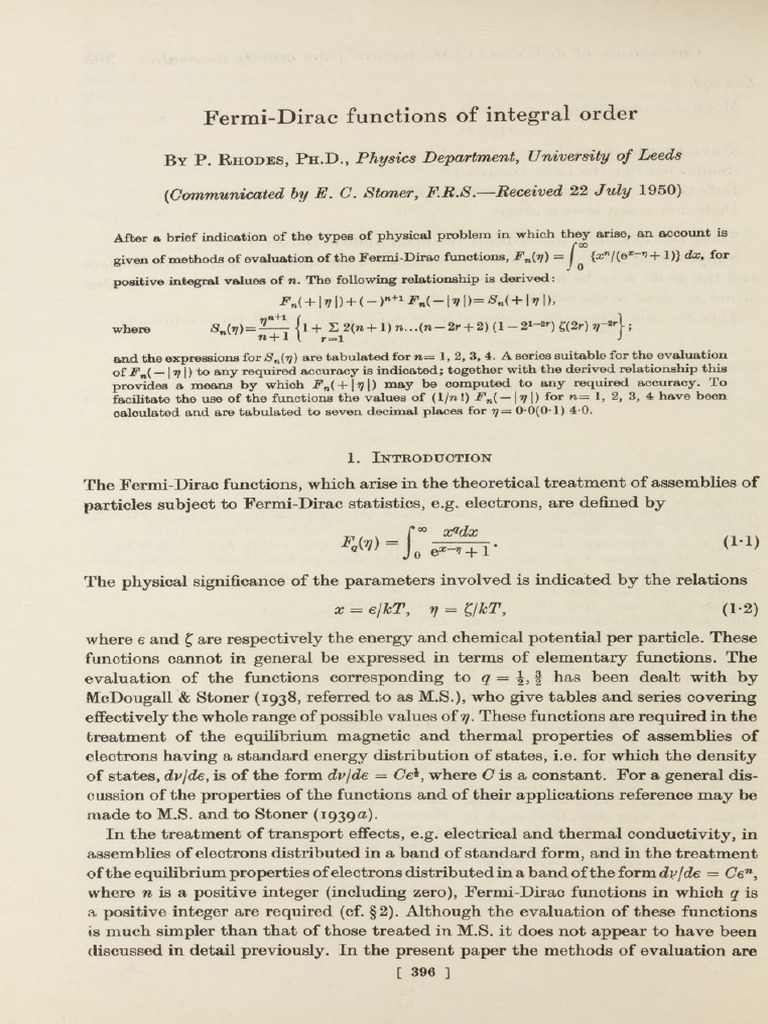 Rhodes Stoner 1997 Fermi Dirac Functions of Integral Order | PDF ...