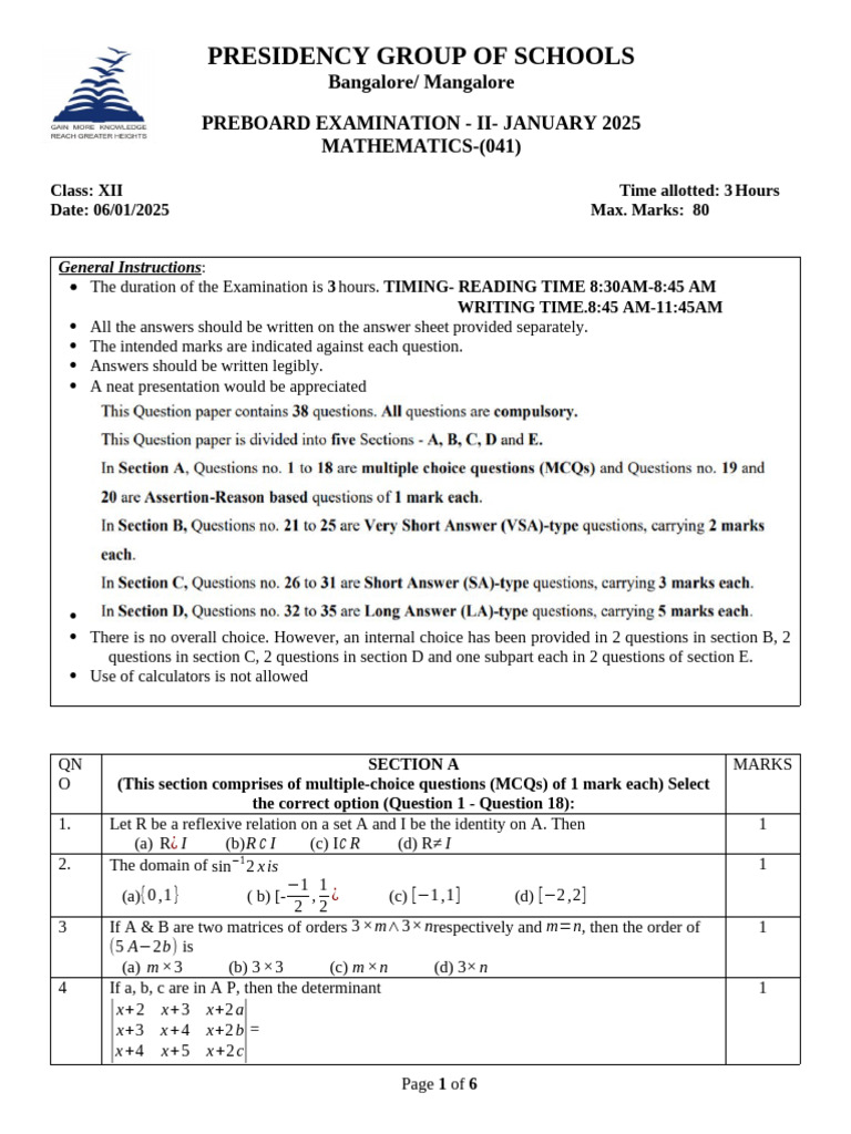 XII PRE BOARD - 2 2024-25 (Presidency Group of Schools, Banglore) | PDF | Applied Mathematics ...