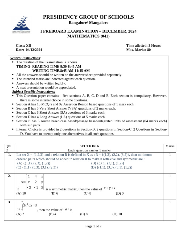 Class XII Mathematics Preboard Exam 2024 | PDF | Function (Mathematics ...