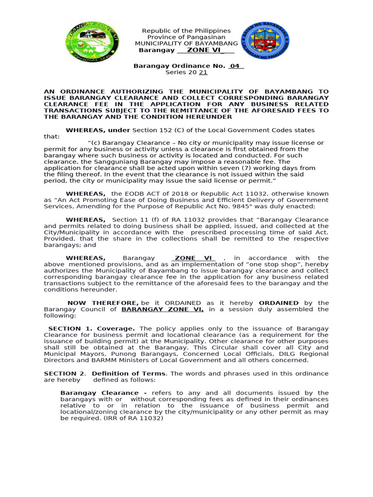 Bayambang Barangay Clearance Ordinance | PDF | Public Law | Legal Documents