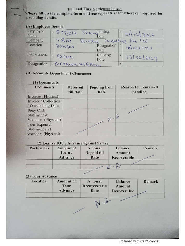 Grijesh Full & Final Settlement Sheet, and Resign Letter | PDF