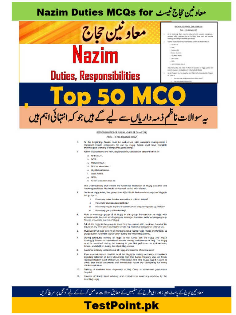 Top 50 MCQs for Nazim Duties Responsibilities | PDF