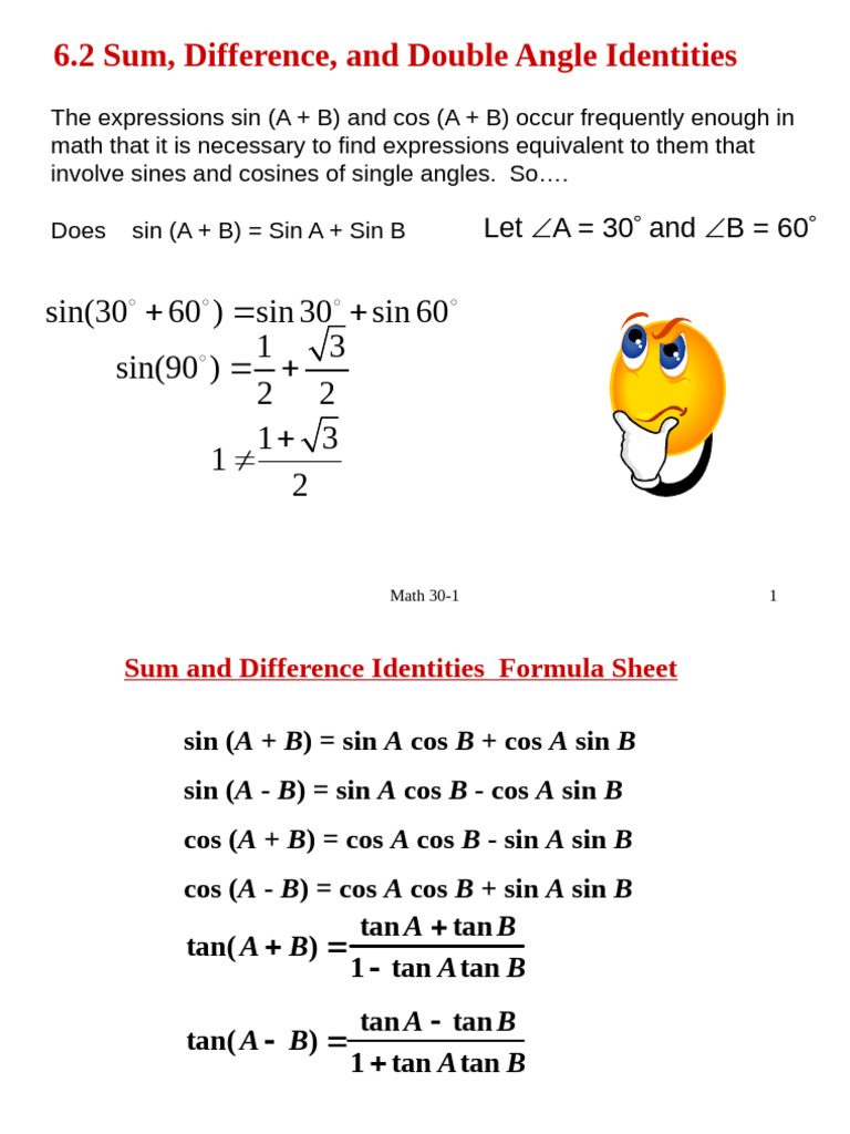 6.2 Sum, Difference, And Double Angle Identities | PDF | Trigonometric Functions | Mathematical ...