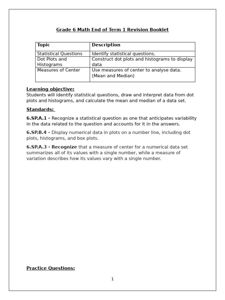 Toddle - Grade 6 Math Term 1 Revision Booklet Answer Key | PDF | Mean ...