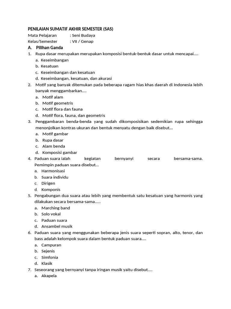 Lembar Soal Seni Budaya Kelas Vii Genap | PDF