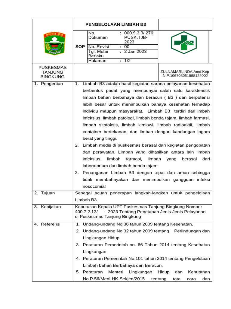 Sop Pengelolaan Limbah b3 HC - TJB | PDF