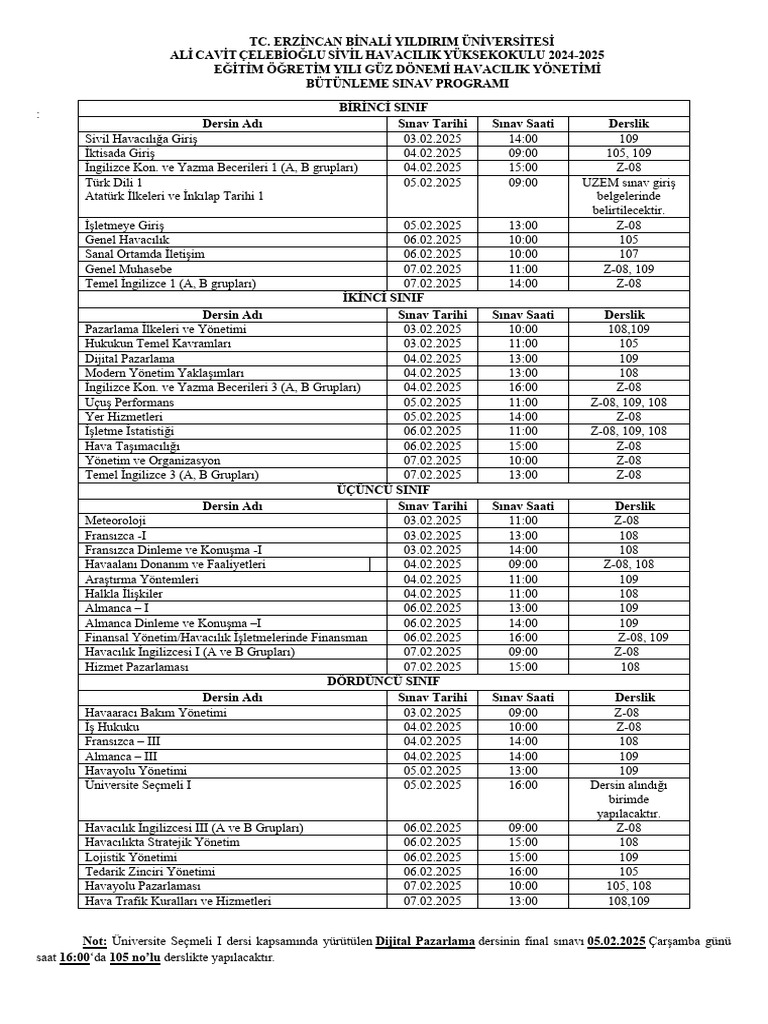 2024 2025 Guz HY Butunleme Sinav Programi Taslak | PDF
