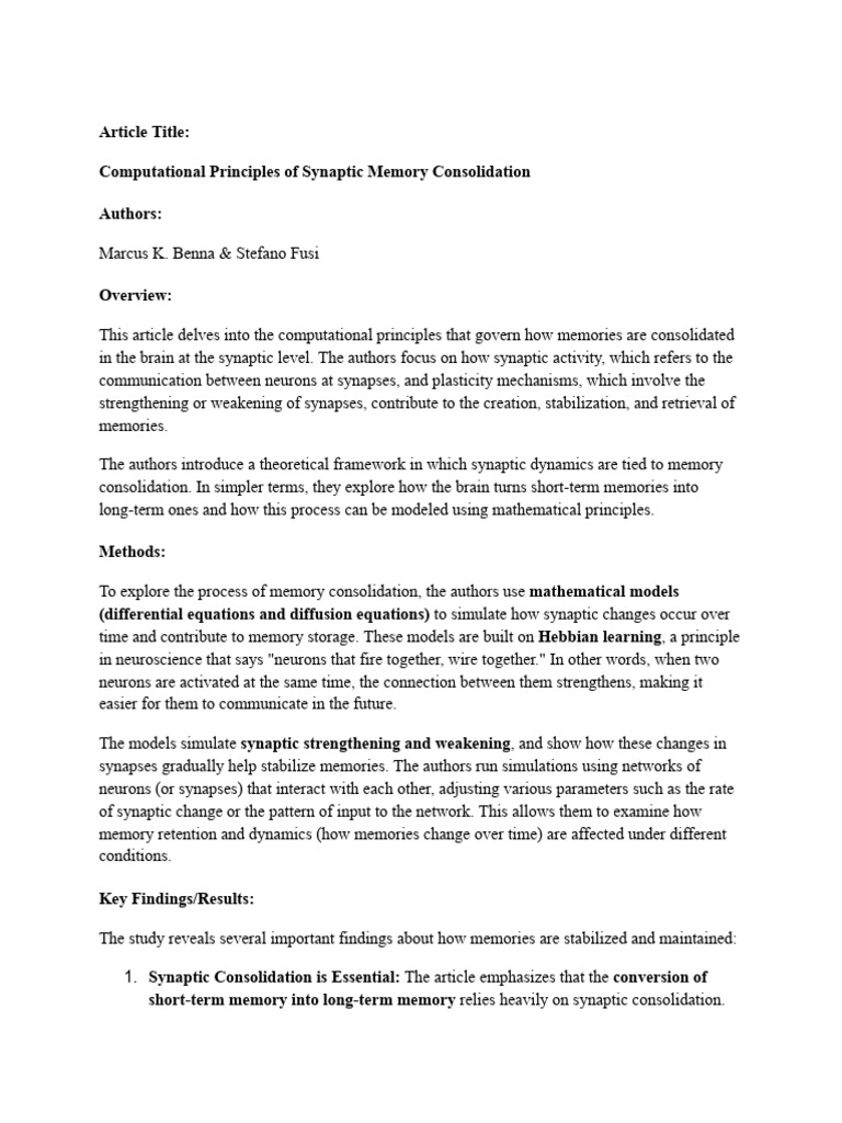 Article Summary | PDF | Memory | Synapse