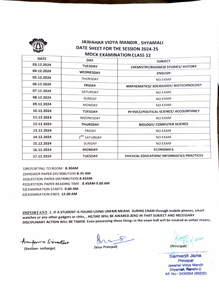 Revised Date Sheet Class12 Mock Examination | PDF