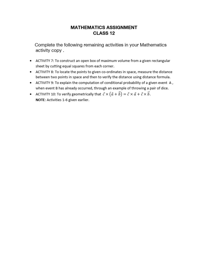Class 12 Mathematics Assignment Activities | PDF