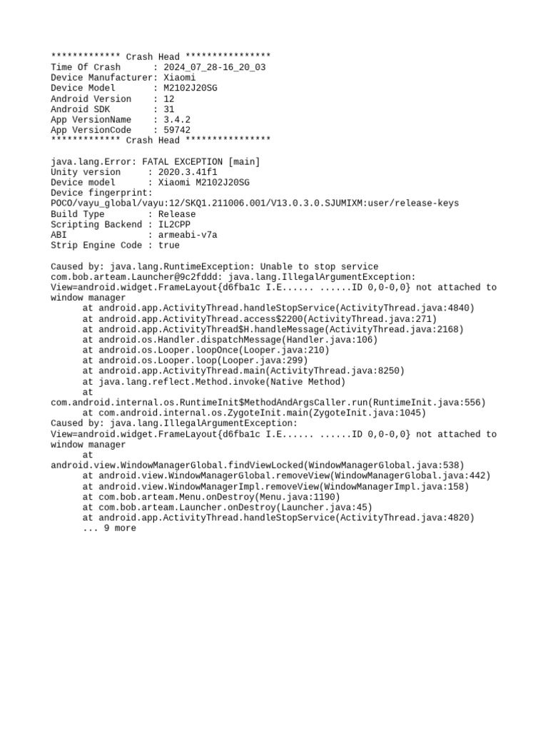 Xiaomi Crash Report: Unity Error Log | PDF