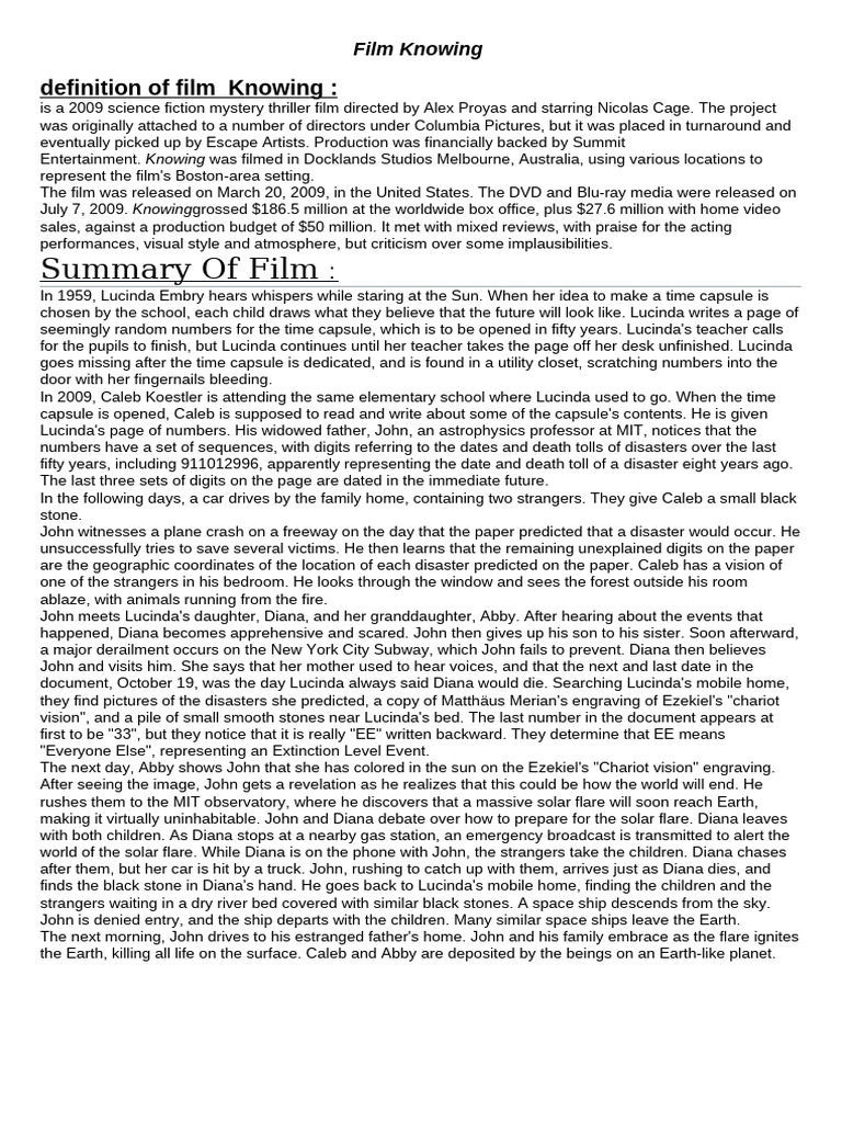 Overview of the Film "Knowing" | PDF