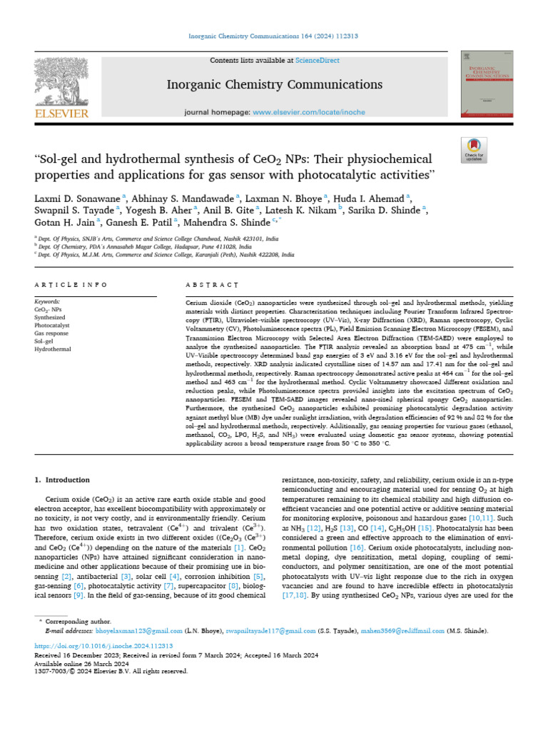 Sol Gel and Hydrothermal Synthesis of CeO2 NPs Their Physiochemical Properties and Applications ...