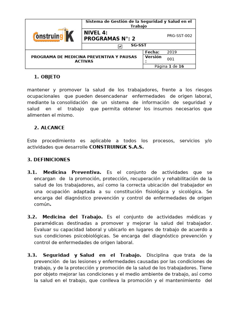 PRG-SST-002 Programa de Medicina Preventiva y Pausas Activas | PDF | Seguridad y salud ...