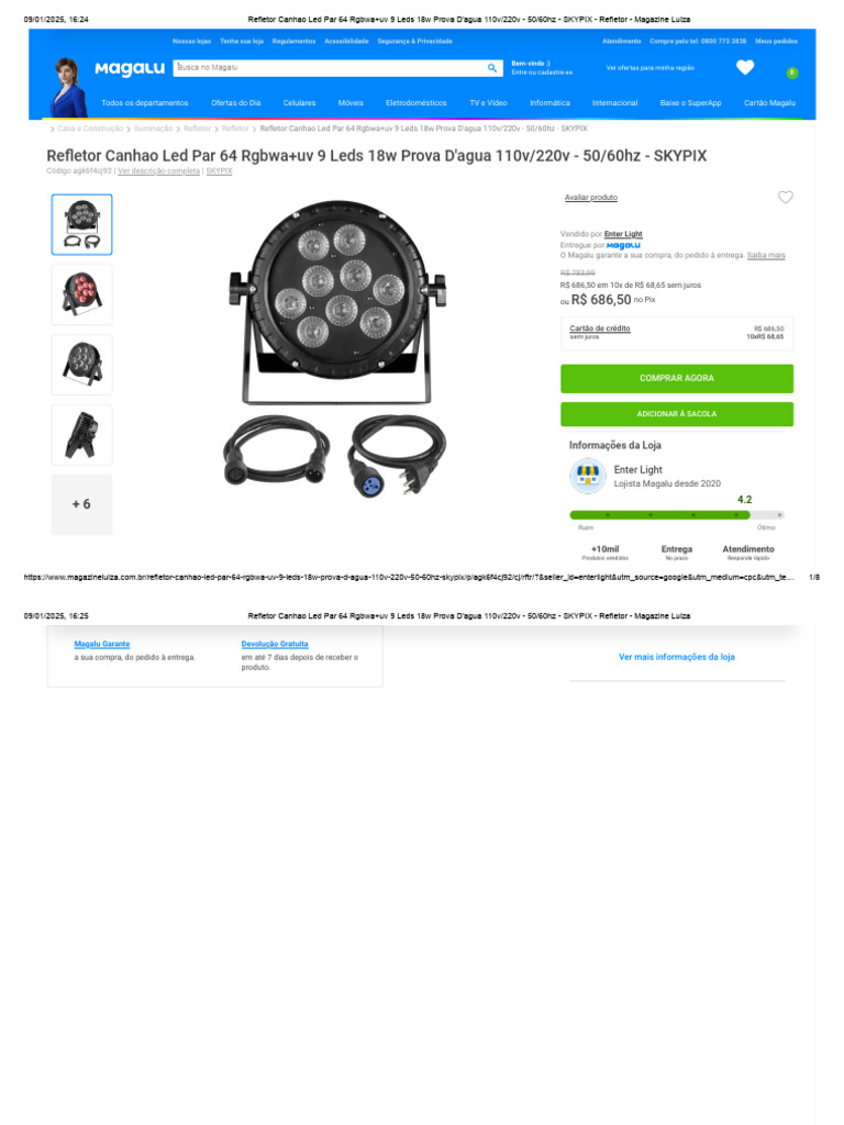 Refletor Canhao Led Par 64 Rgbwa+uv 9 Leds 18w Prova D'agua 110v - 220v - 50 - 60hz - SKYPIX ...