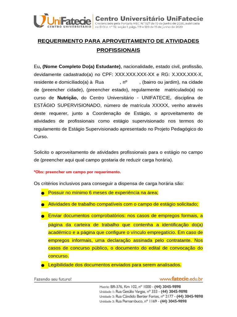 Requerimento de Aproveitamento de Estágio | PDF