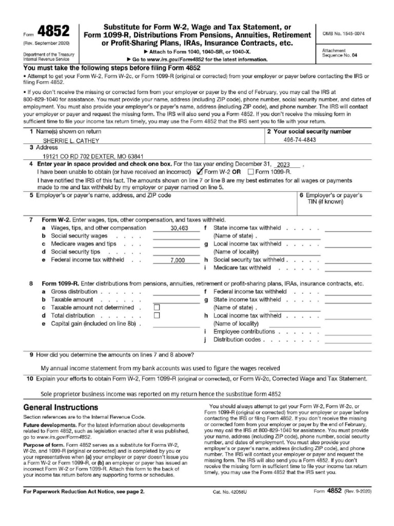 Form 4852 SHERRIE L. CATHEY | PDF