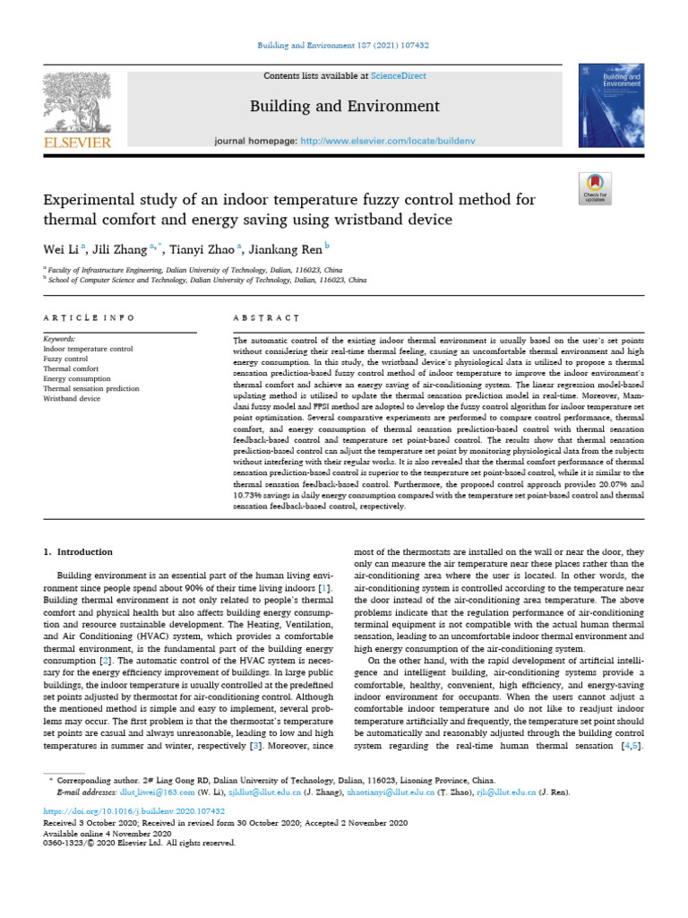 Experimental Study of An Indoor Temperature Fuzzy Control Method For Thermal Comfort and Energy ...