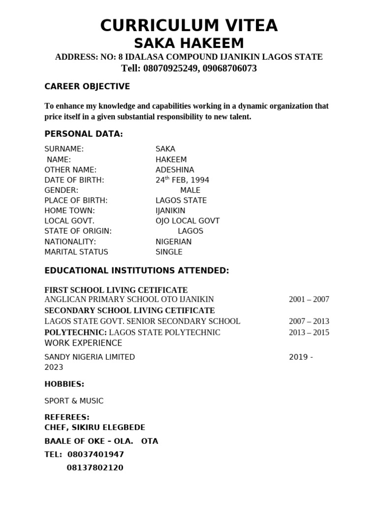 Saka Hakeem Curriculum Vitae | PDF