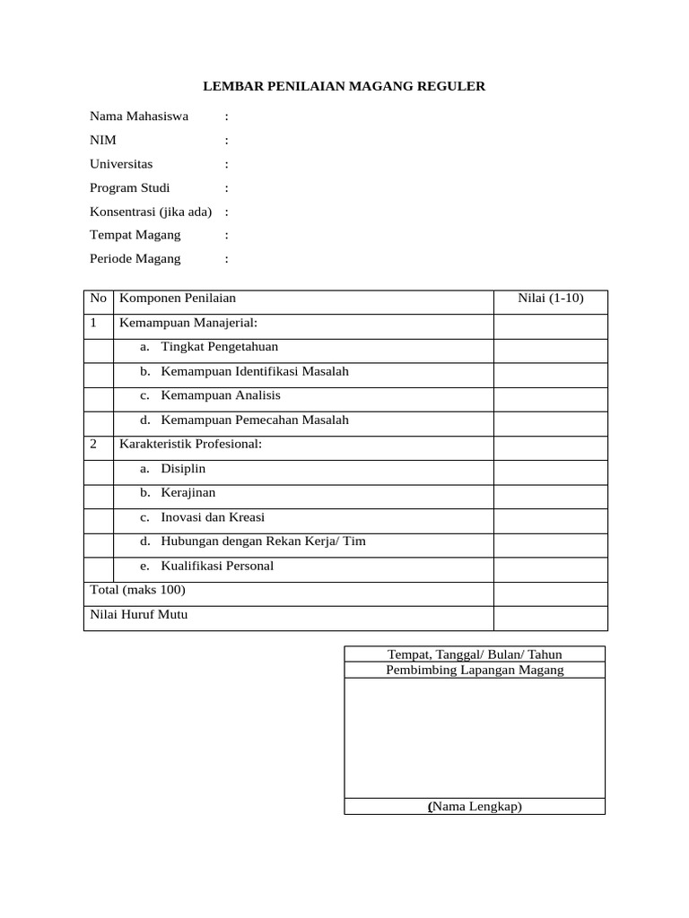 Lembar Penilaian Magang Mahasiswa | PDF