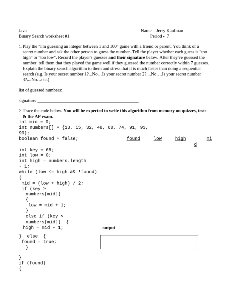 Binary Search Worksheet 1 | PDF