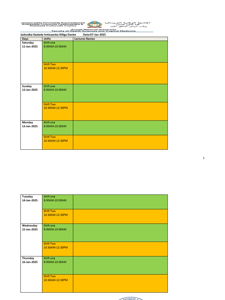 Jadwalka Ilaalada Imtixaanka 2024-2025.docx Final Exam | PDF | Somalia