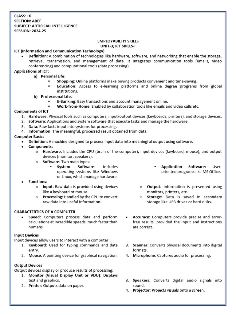 ICT Skills for IX Grade AI Students | PDF | Computer Data Storage ...