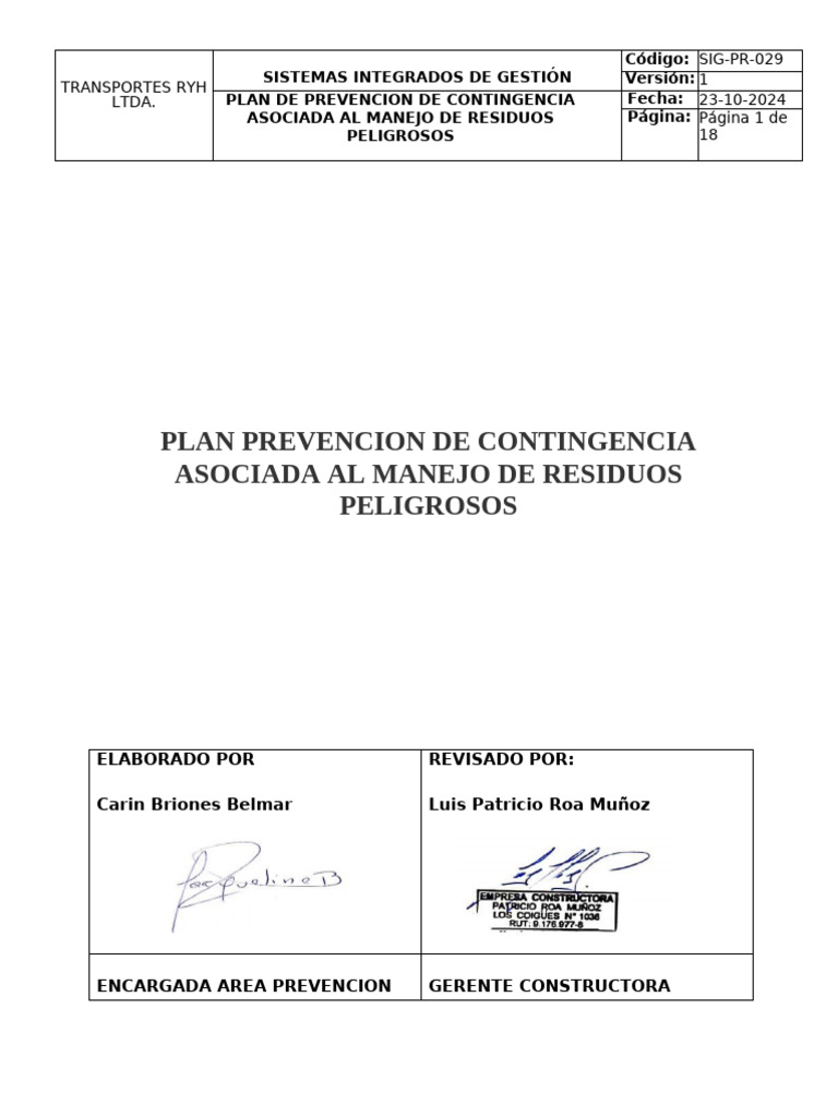 Plan de Prevencion de Contingencia Asociado Al Manejo de Residuos ... Plan de Prevencion de Contingencia Asociado Al Manejo de Residuos ...