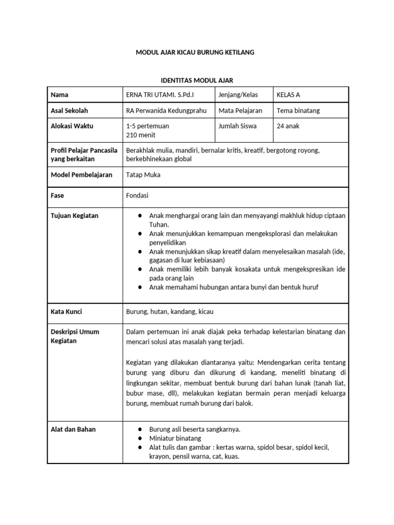 Modul Ajar - Kicau Burung 2021-2022 | PDF