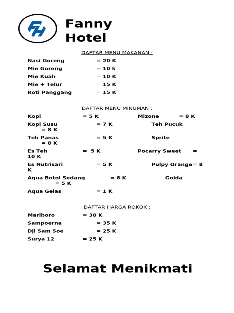 Hotel Menu with Prices | PDF