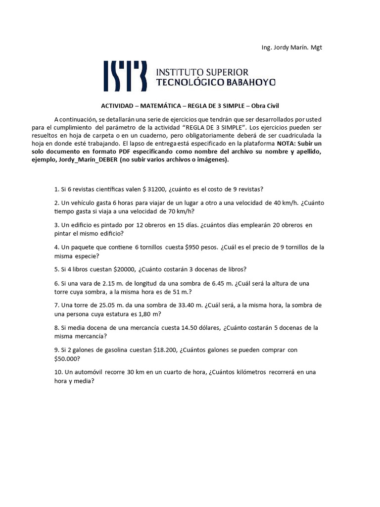 Actividad - Regla de 3 Simple e Inversa - Matemática - Obra Civil | PDF