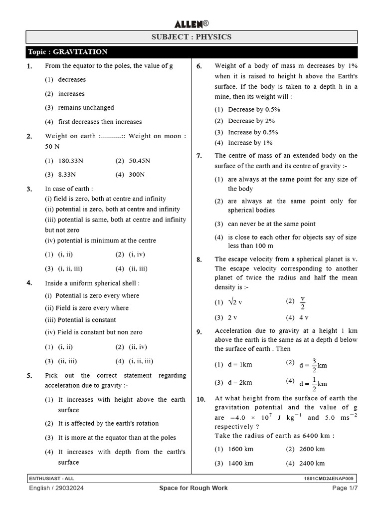 Gravitation Quiz for Physics Students | PDF | Orbit | Potential Energy