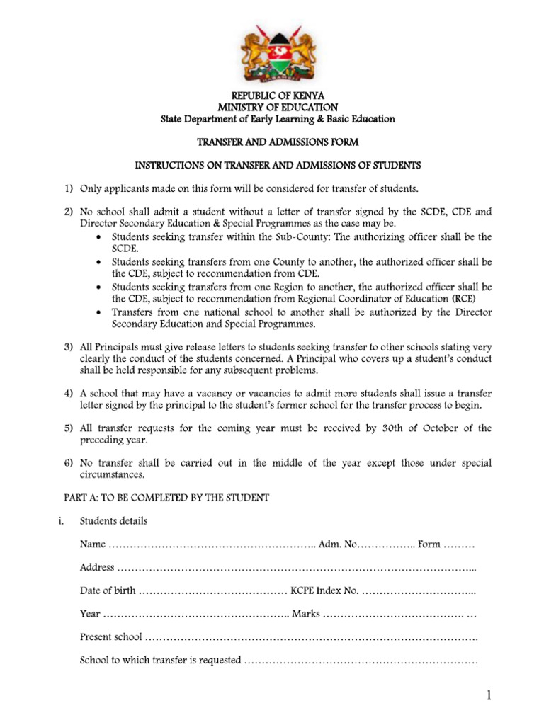 Transfers and Admissions of Students Form 1 | PDF
