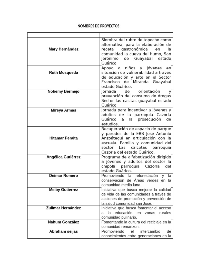 NOMBRES DE PROYECTOS | PDF