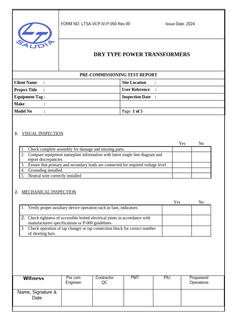 Pre Commissioning Form - Dry Type Traf-E15 | PDF | Transformer ...