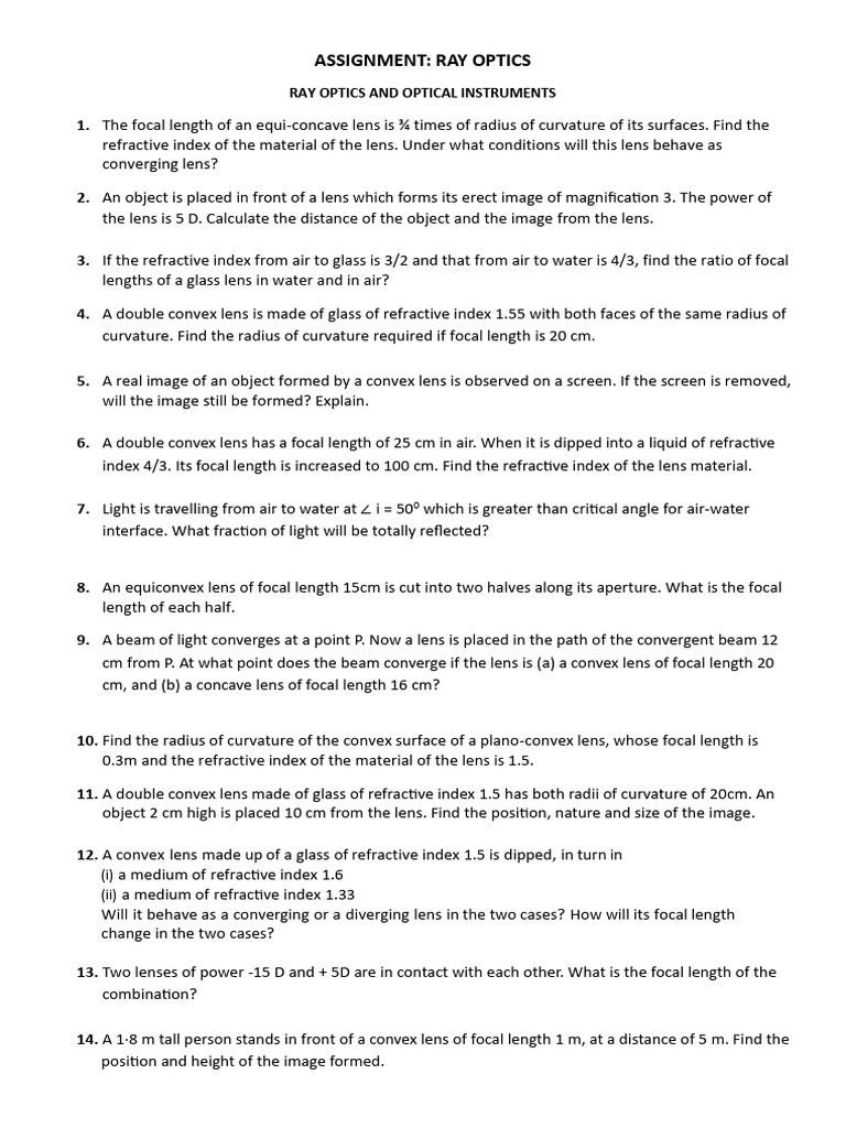 Assignment 1 Ray Optics Xii | PDF | Optics | Refractive Index