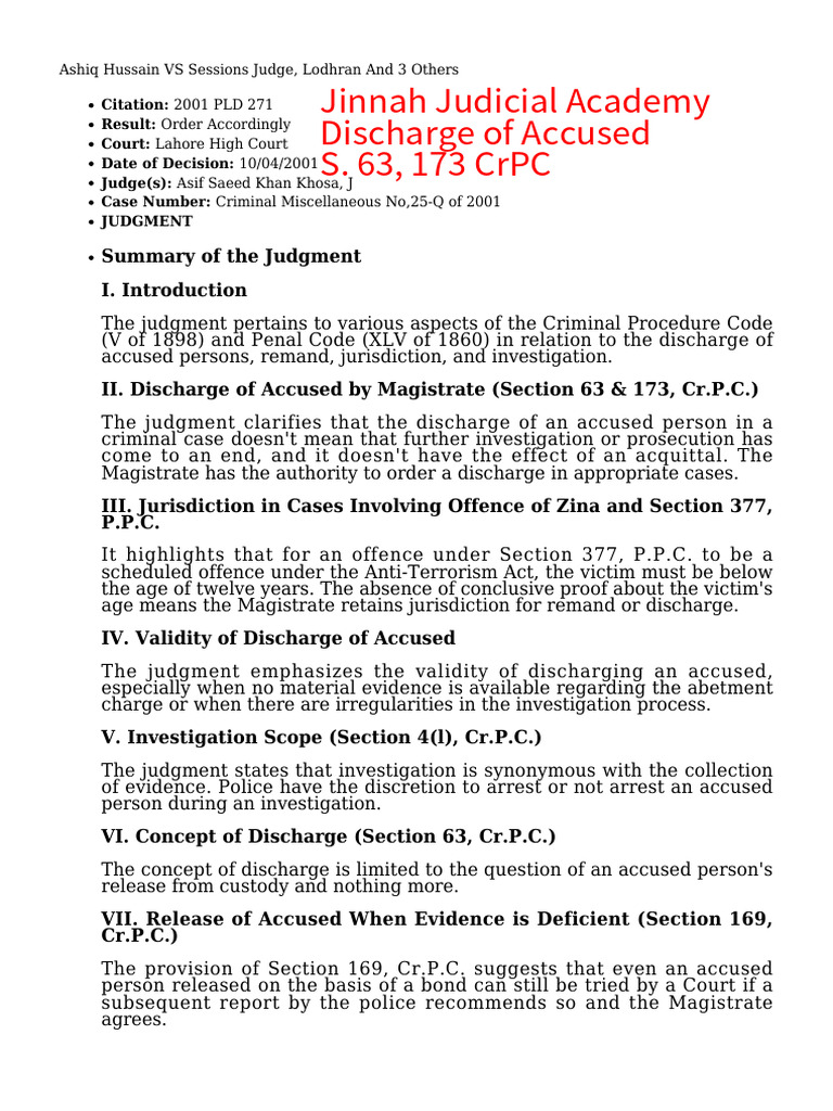 Discharge of Accused Under Section 63 CrPC | PDF | Bail | Arrest