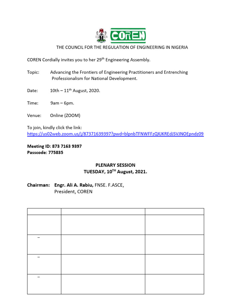 COREN 29th Engineering Assembly | PDF | Clubs And Societies | Nigeria
