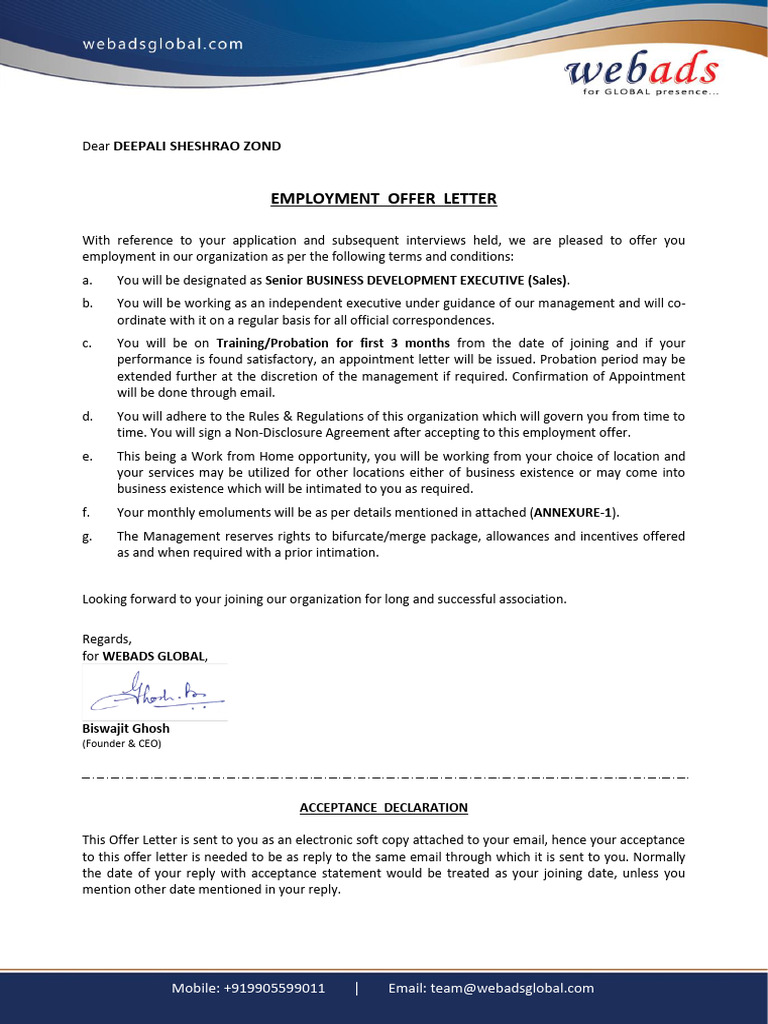 WEBADS Offer Letter - SrBDE - DEEPALI SHESHRAO ZOND | PDF | Business
