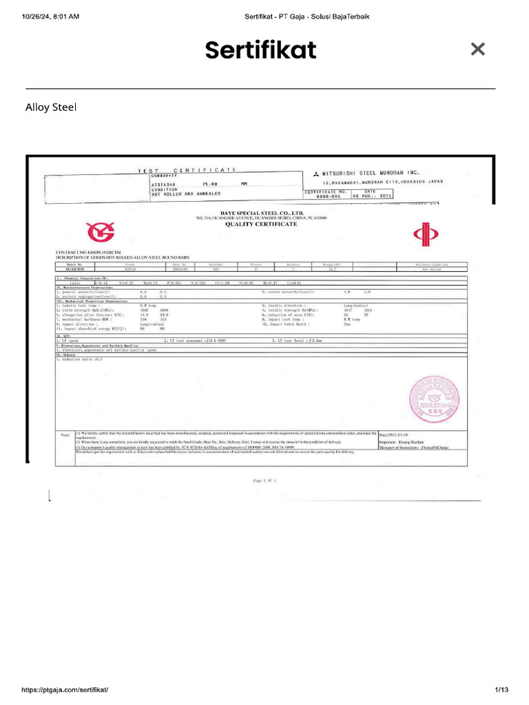 Sertifikat Alloy Steel SCM440 | PDF