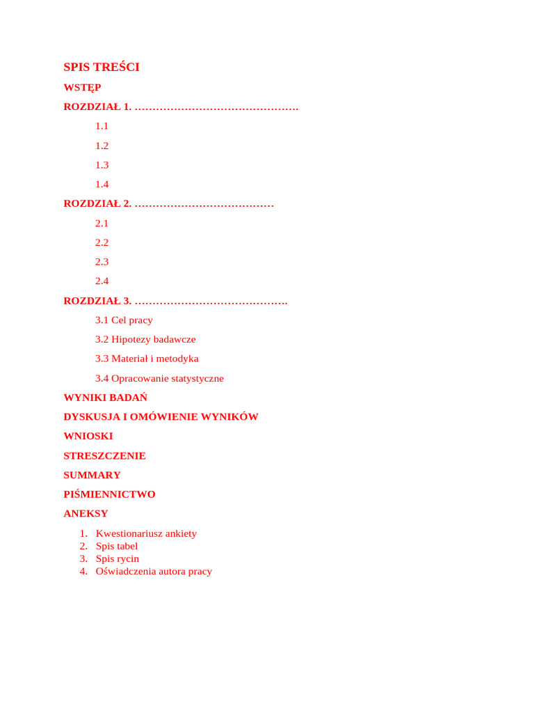 Spis Treści Wzór | PDF