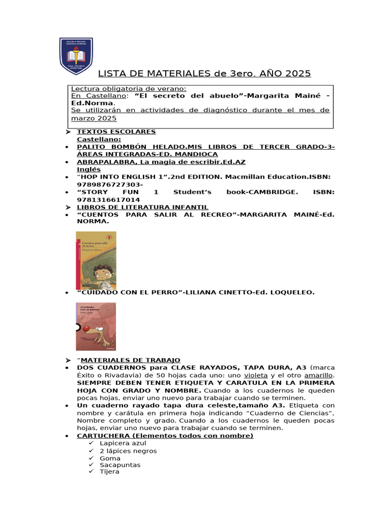LISTA DE MATERIALES de 3ero-2025 | PDF