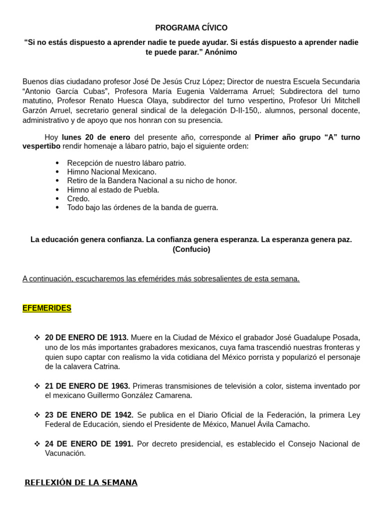 Programa Cívico 20 de Enero 2025 1a TV | PDF | México