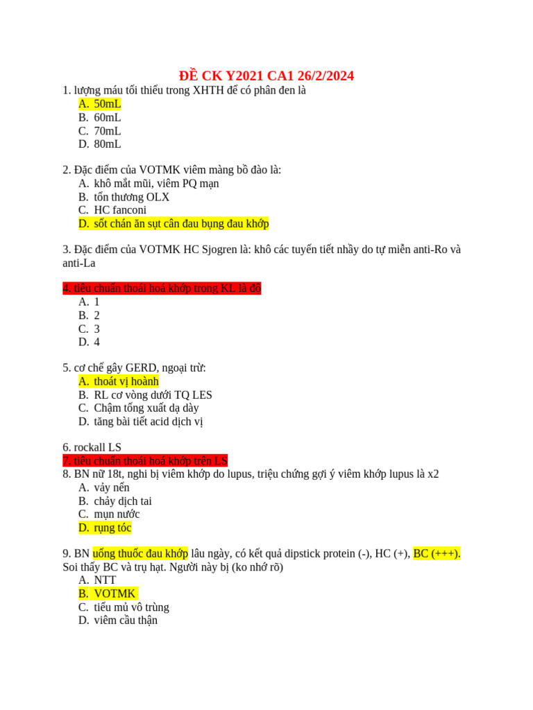 ĐỀ CK Y2021 CA1 26/2/2024 | PDF