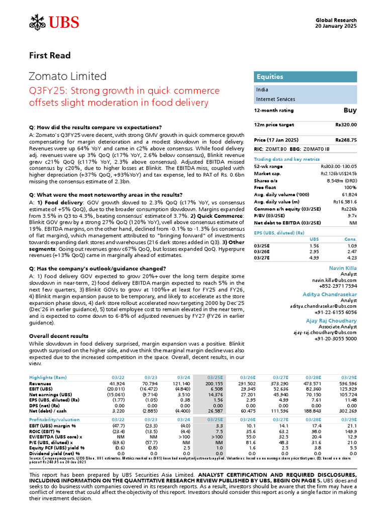 Zomato Limited Q3FY25 - UBS | PDF | Ubs | Investing