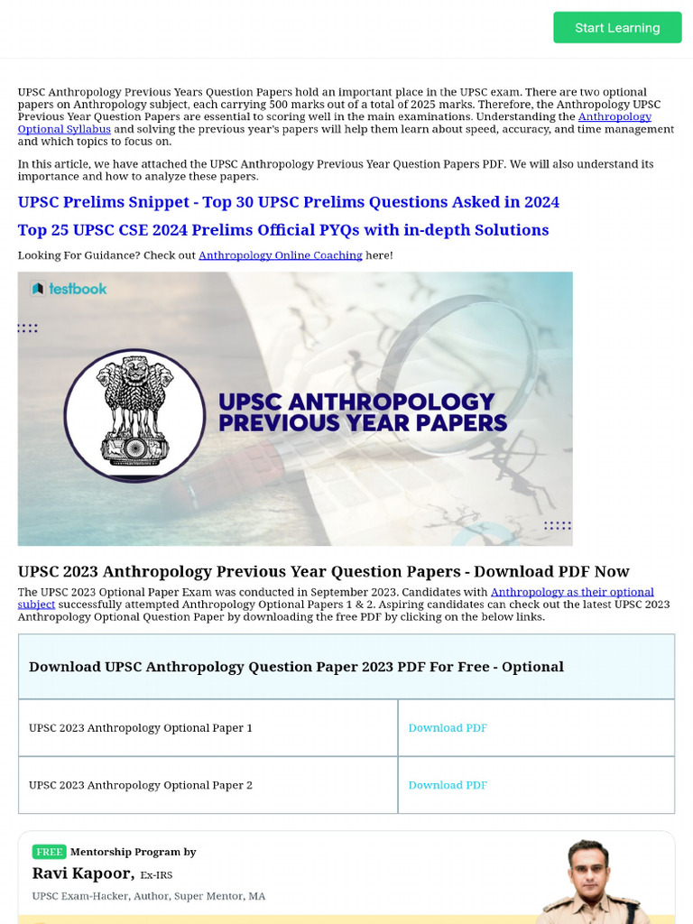 UPSC Anthropology Previous Year Question Papers - Free PDF Download | PDF