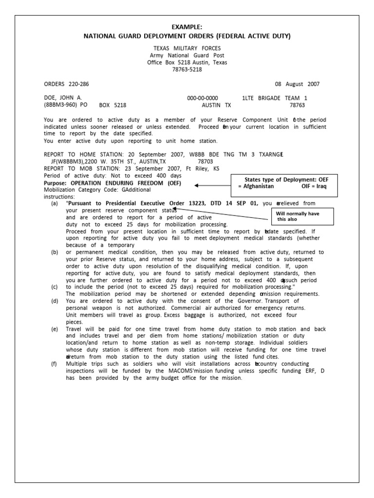 National Guard Deployment Orders Example | PDF