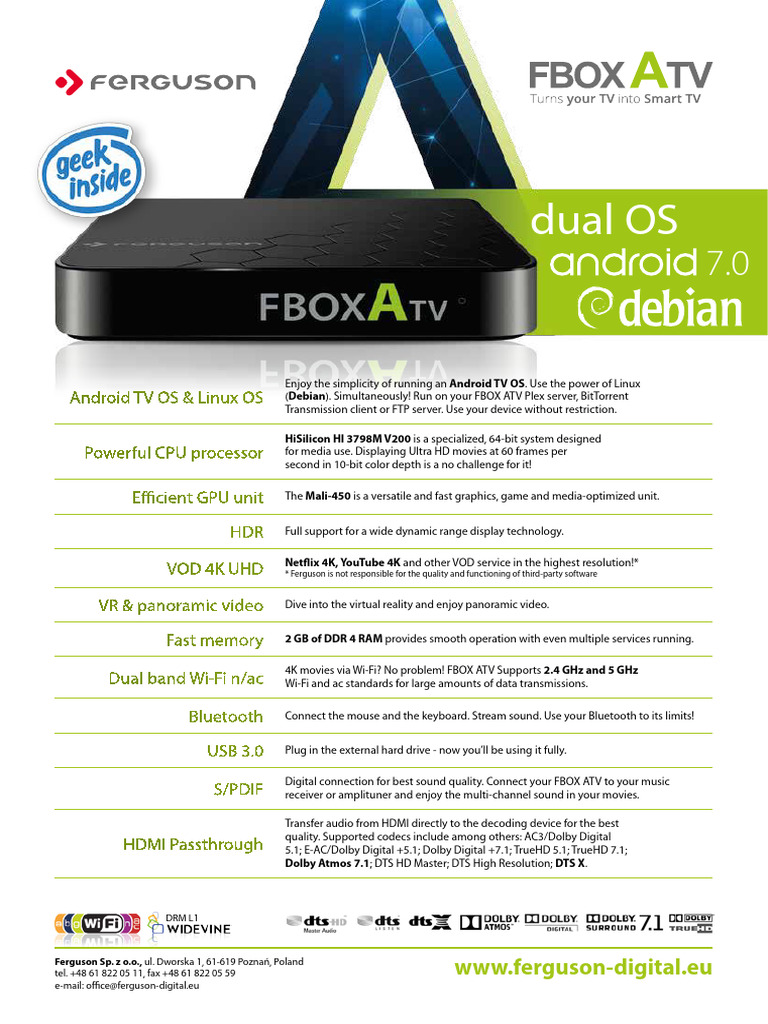 Android Box Ferguson FBOX ATV (KOM0974) - Karta katalogowa | PDF | Hdmi | Usb