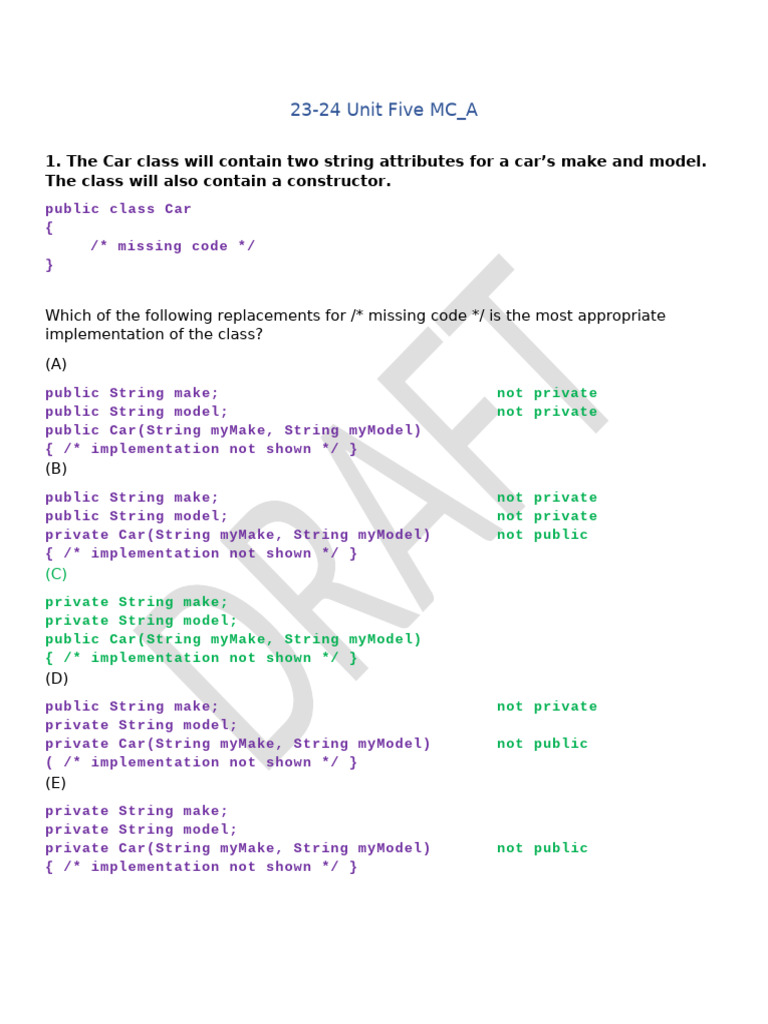 23-24 APCS Unit Five MC_A - ANSWERS | PDF | Class (Computer Programming ... 23-24 APCS Unit Five MC_A - ANSWERS | PDF | Class (Computer Programming ...