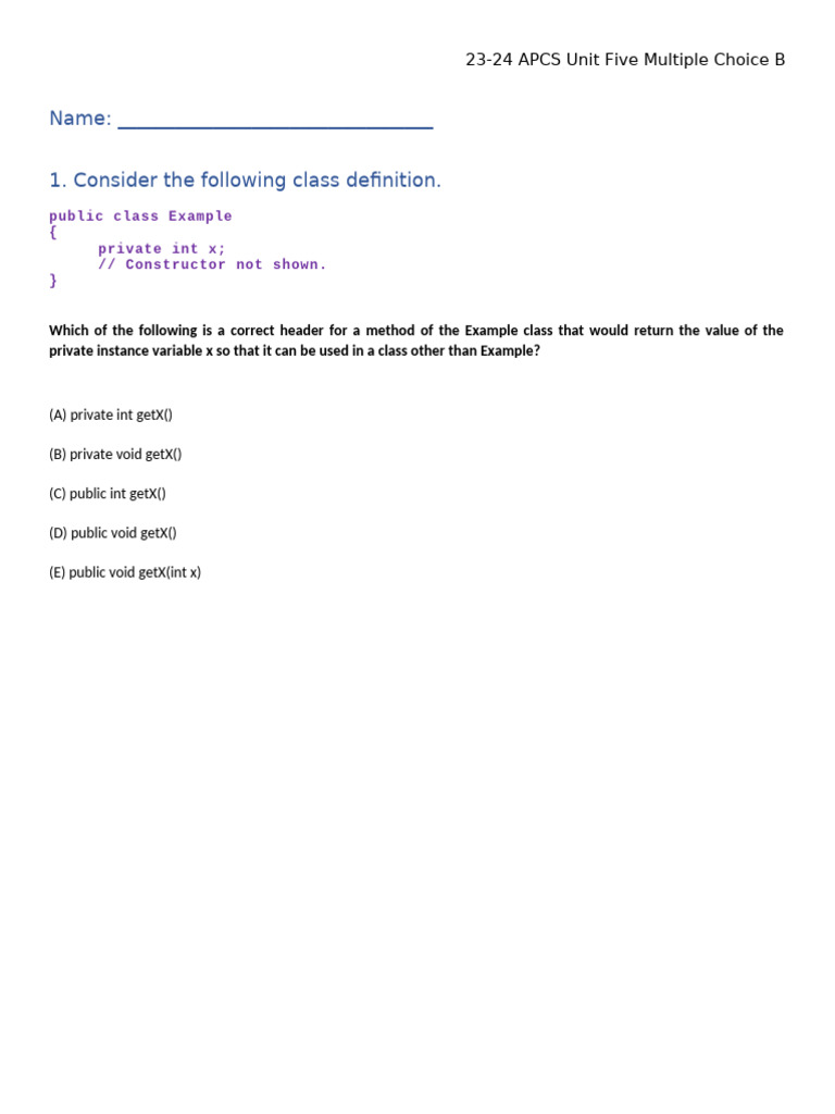 23-24 APCS Unit Five Multiple Choice B | PDF | Method (Computer Programming) | Parameter ...